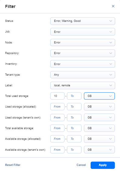 Using Search / Filter Options
