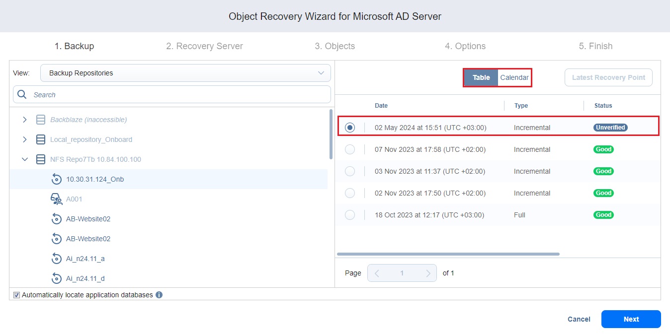 Object Recovery Wizard for Microsoft AD Server: Backup