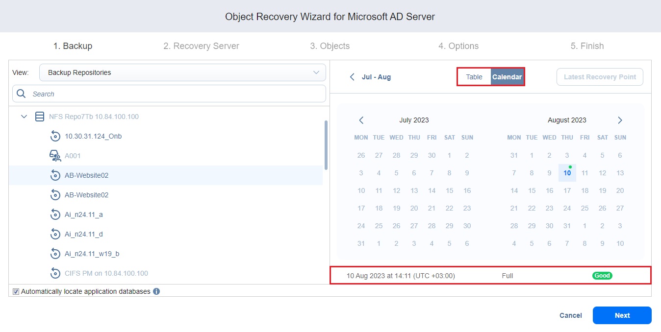 Object Recovery Wizard for Microsoft AD Server: Backup