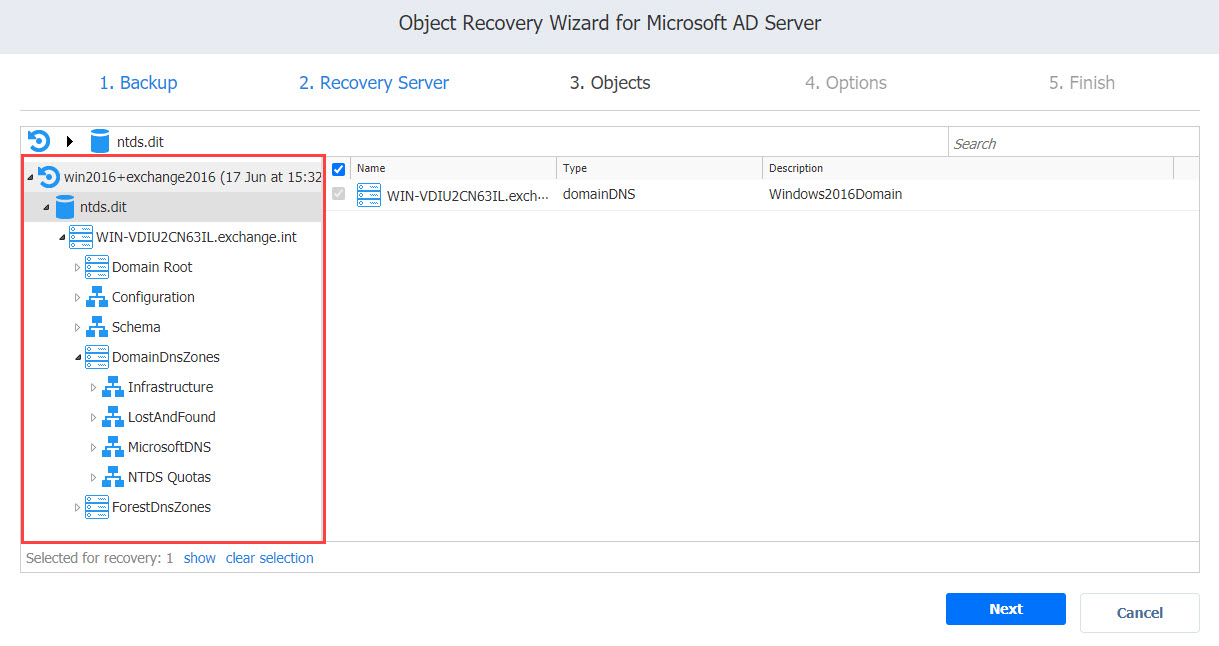 Object Recovery Wizard for Microsoft AD Server: Objects
