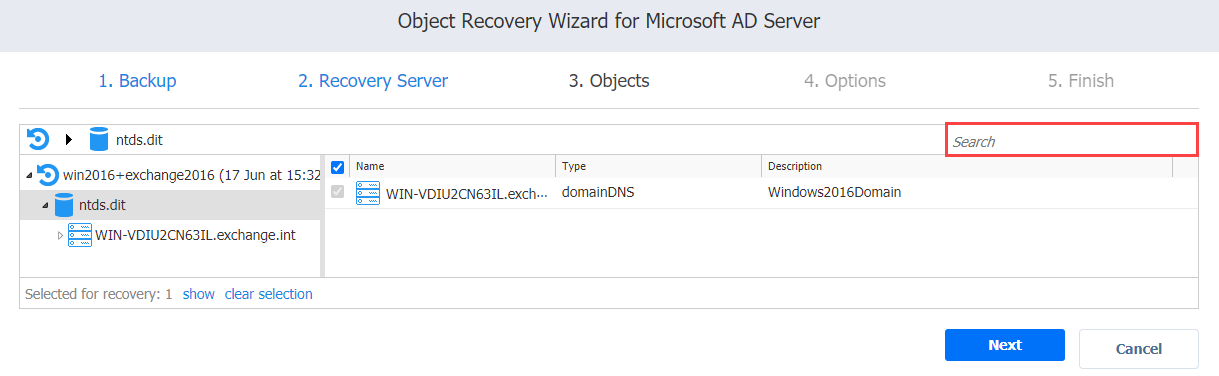 Object Recovery Wizard for Microsoft AD Server: Objects