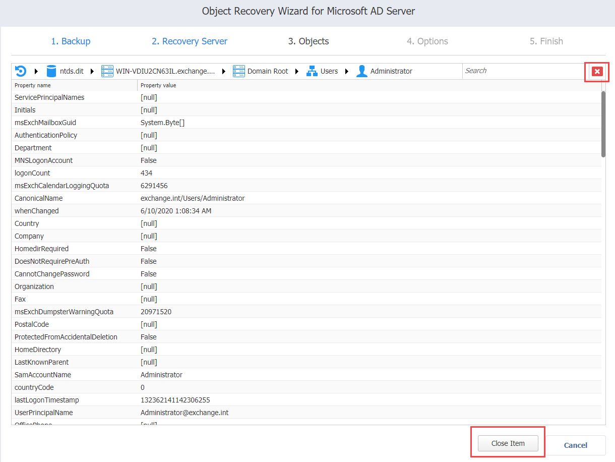 Object Recovery Wizard for Microsoft AD Server: Objects