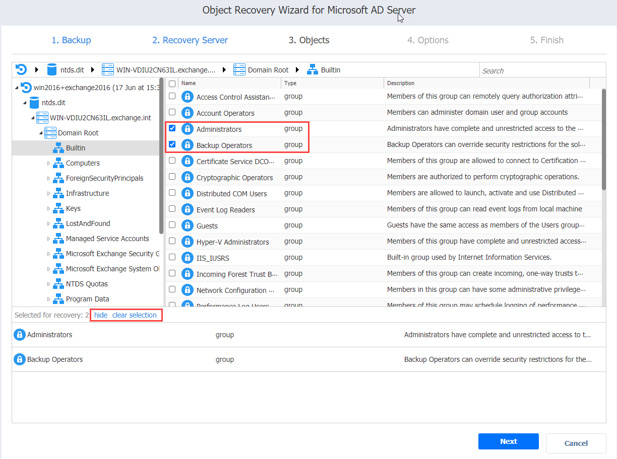 Object Recovery Wizard for Microsoft AD Server: Objects