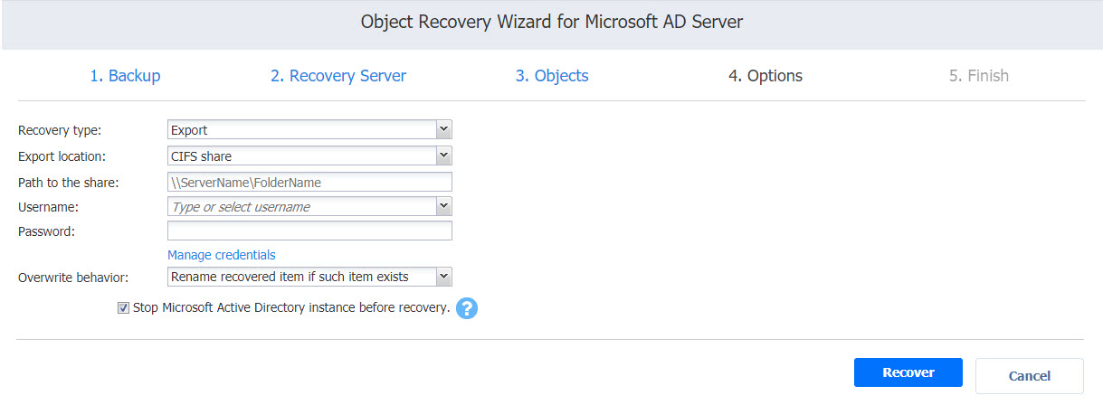 Object Recovery Wizard for Microsoft AD Server: Options
