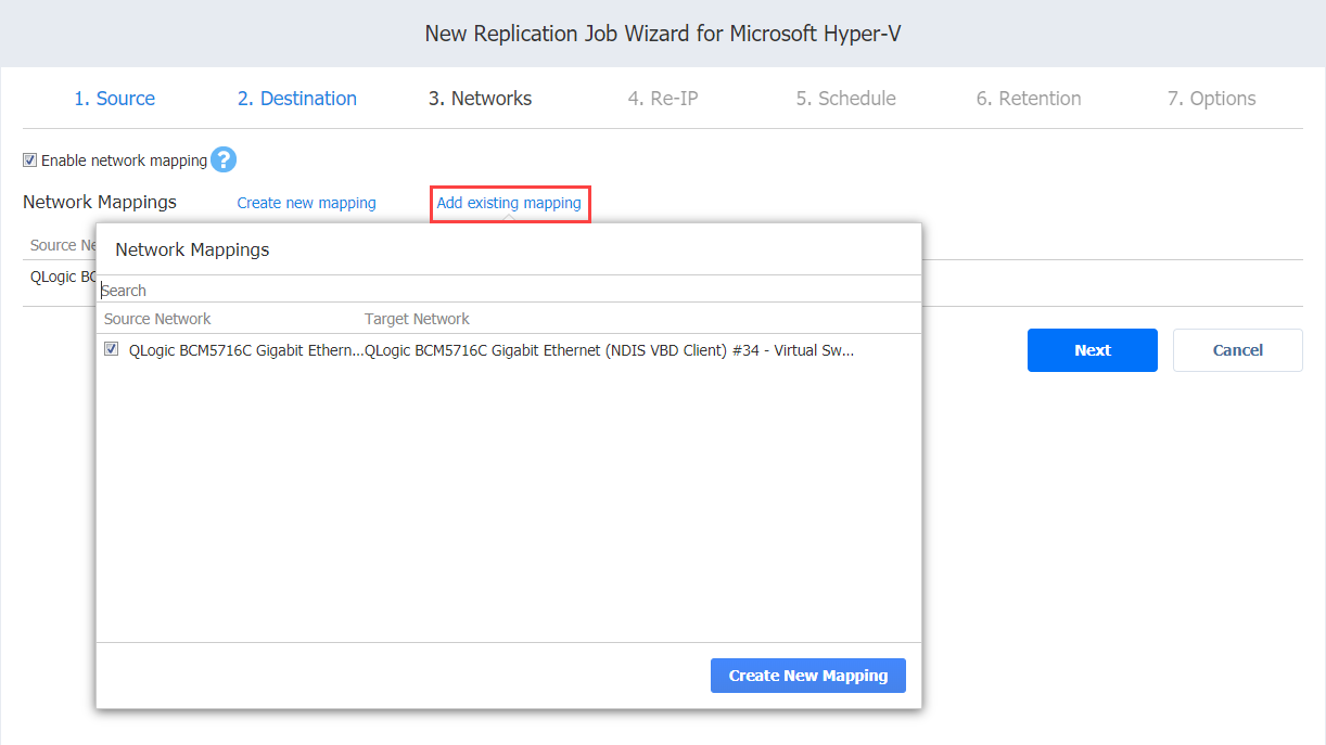 Replication Job Wizard for Hyper-V: Networks