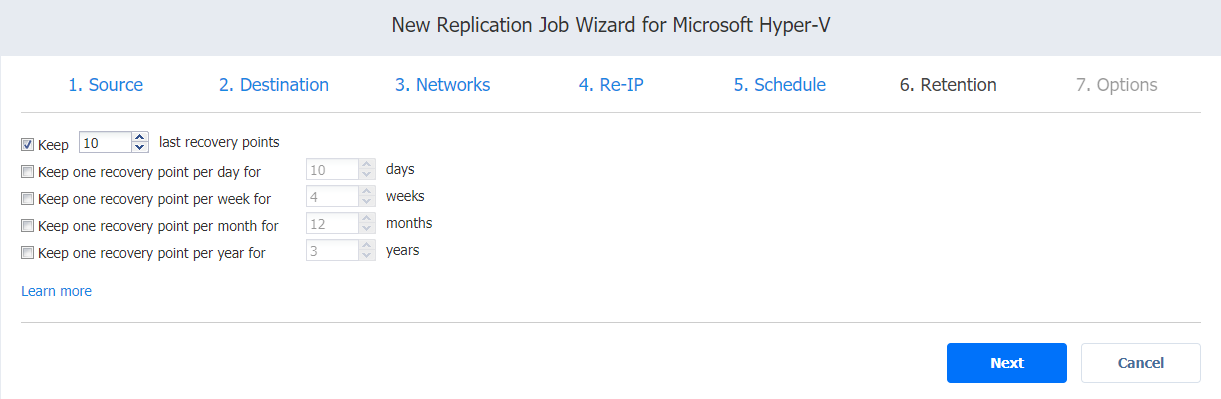 Replication Job Wizard for Hyper-V: Retention