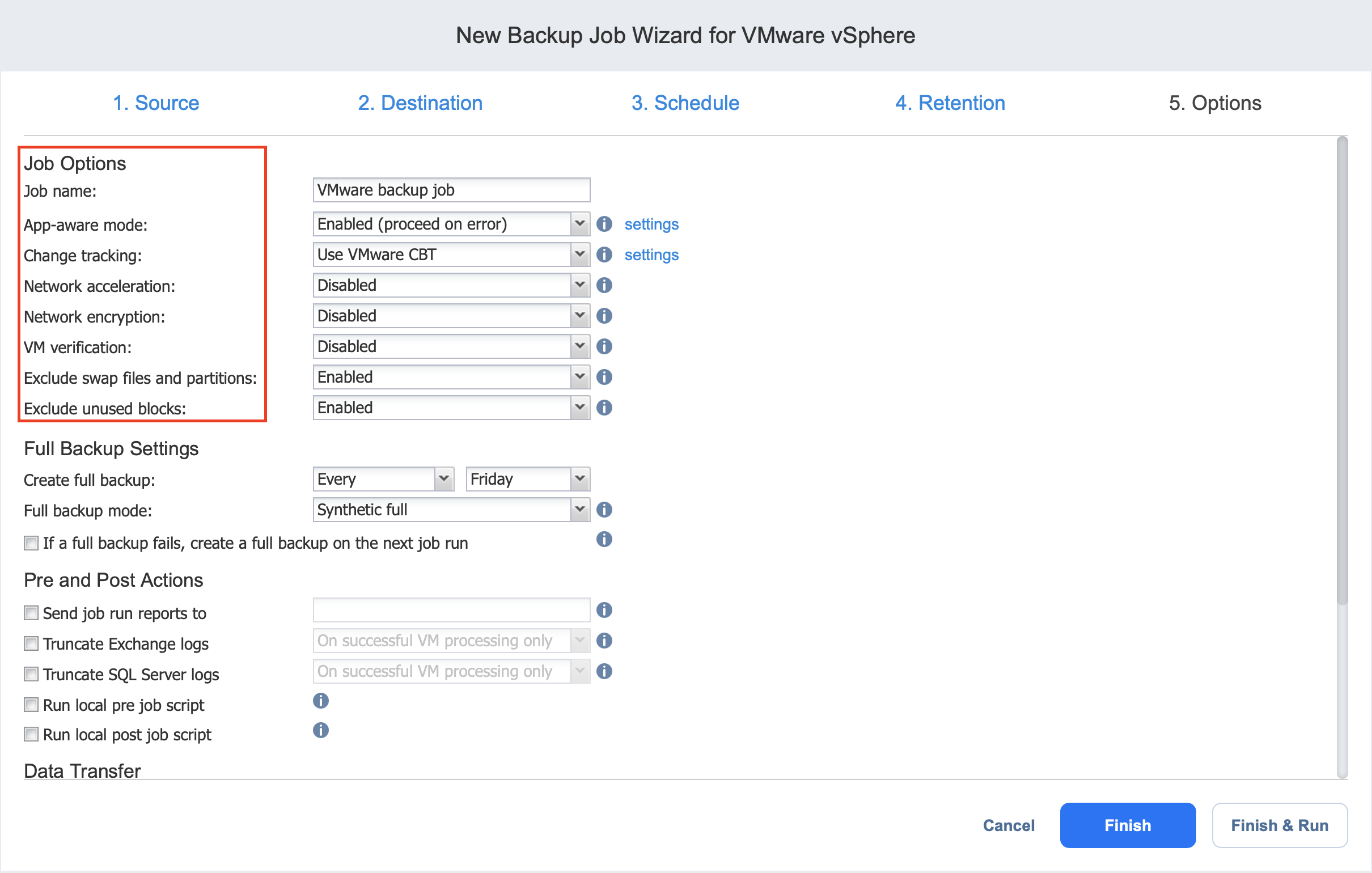 Backup Job Wizard for VMware: Options