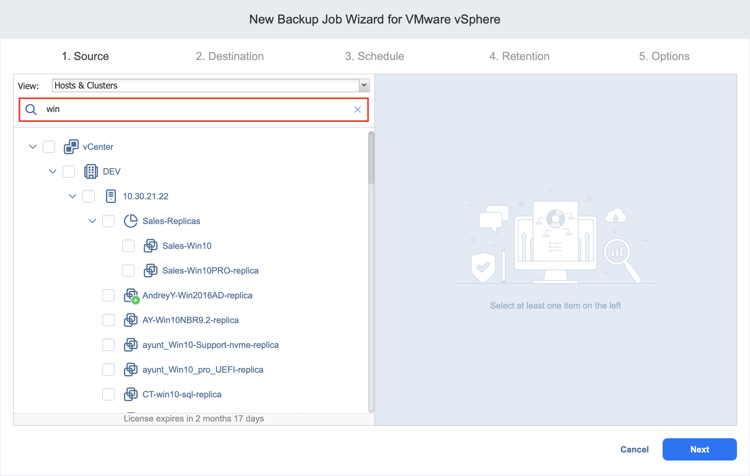 Backup Job Wizard for VMware vSphere: Source