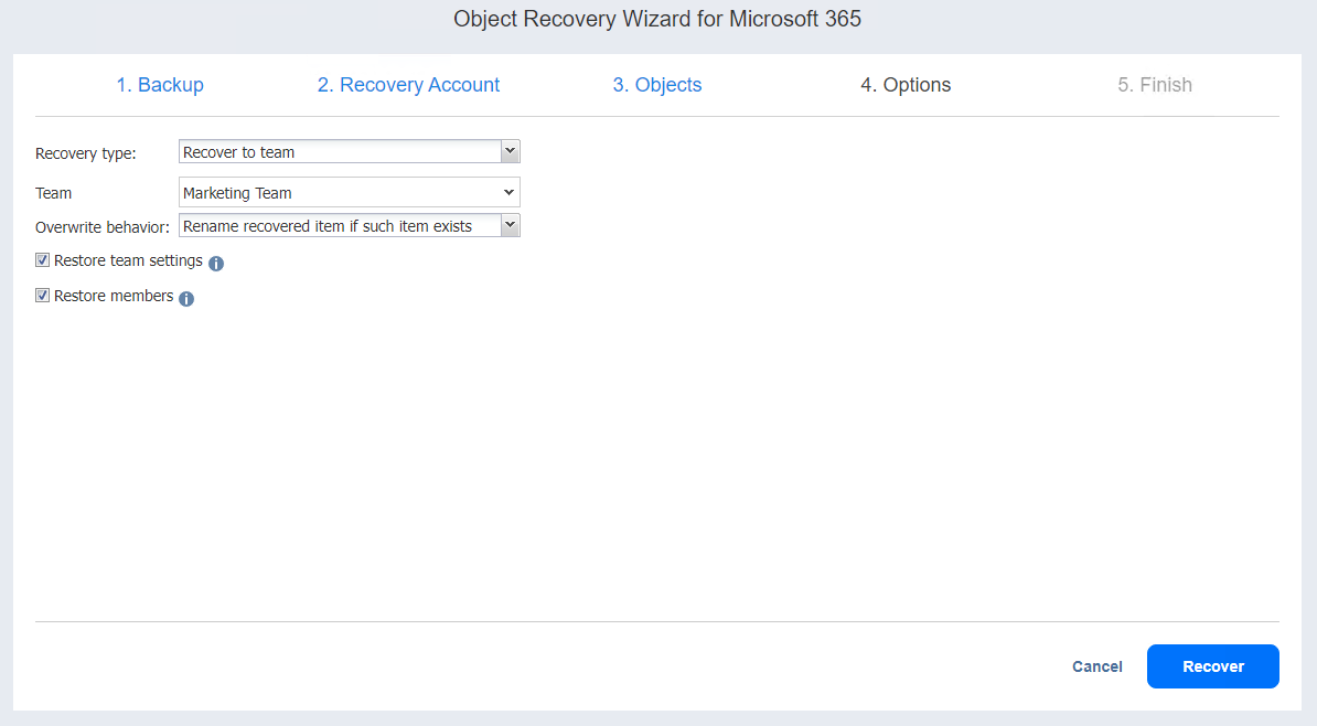 Microsoft 365 Object Recovery Wizard: Options