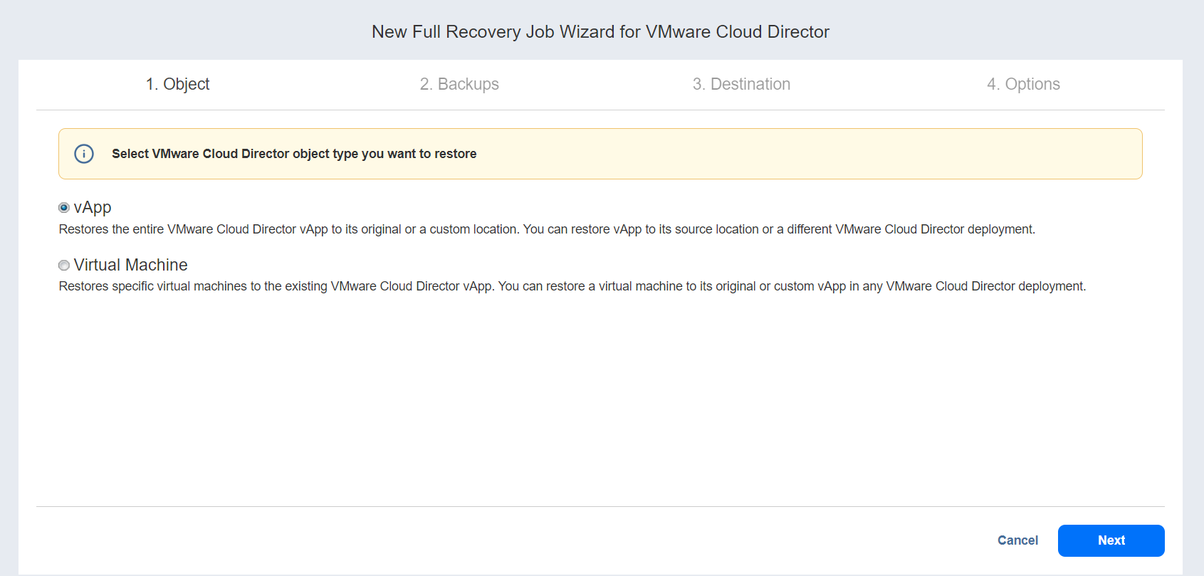 Recovery Job Wizard for VMware Cloud Director: Object
